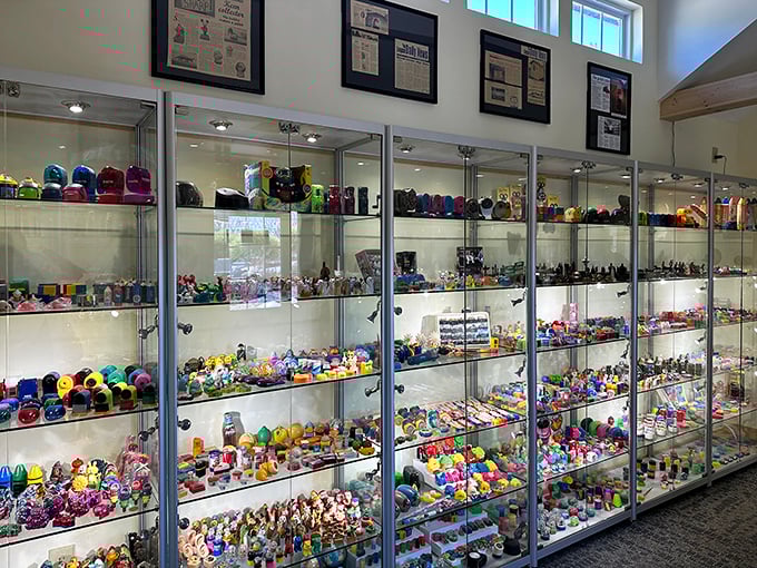 A rainbow explosion of creativity! Each shelf tells a different story, with thousands of tiny treasures waiting to be discovered.