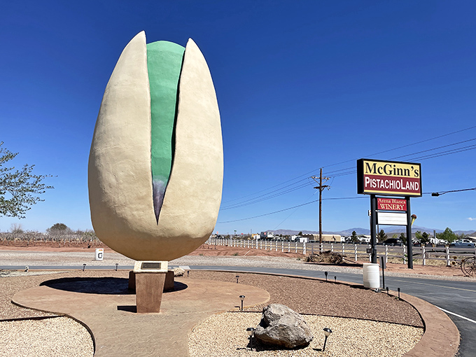 The world's most ambitious pistachio stands proudly against the New Mexico sky, proving that sometimes size really does matter in the roadside attraction game.