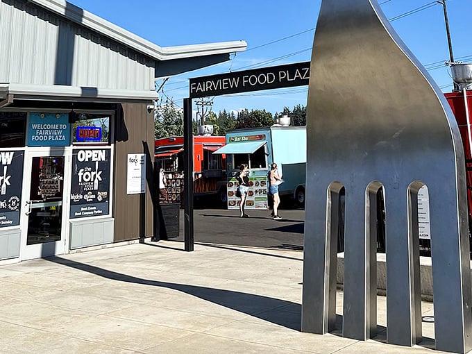 Step through the portal of prongs into Fairview Food Plaza, where this supersized silverware serves as both landmark and conversation starter.