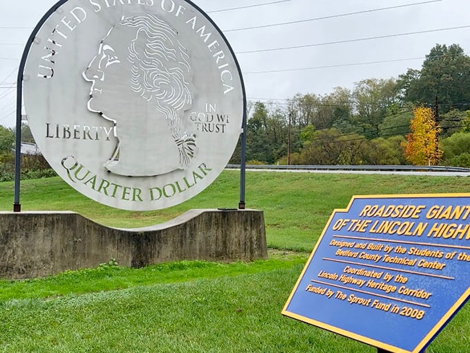 The Giant Quarter stands proudly along Route 30, making Washington's profile large enough to cast a shadow you could picnic in.