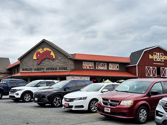 Even the parking lot tells a story &ndash; this isn't just shopping, it's a pilgrimage to the retail promised land where cars gather like faithful worshippers.