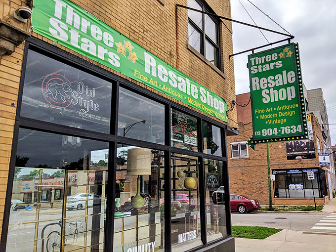 The unmistakable green storefront of Three Stars Vintage beckons like a mid-century mirage on a Chicago street corner. Treasure hunting starts here!