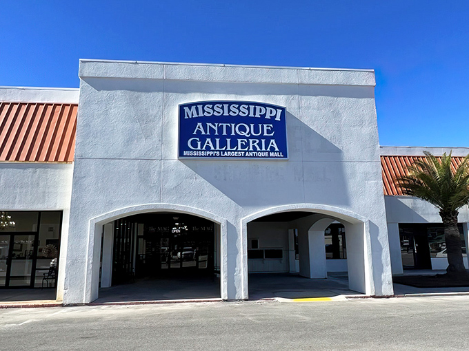 Bright blue against pristine white, the Galleria's exterior gives little hint of the labyrinth of memories waiting inside Mississippi's largest antique mall.
