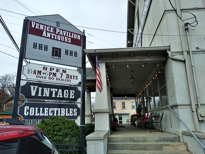 The iconic Venice Pavilion Antiques sign welcomes treasure hunters with the promise of "over 80 dealers" – code for "kiss your afternoon goodbye."