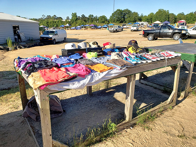A simple wooden table becomes retail real estate for colorful clothing treasures, where savvy shoppers scan for that perfect find.