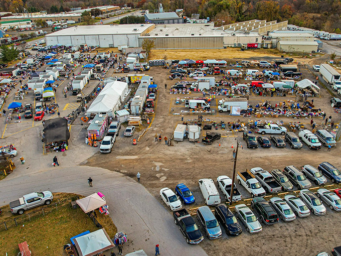 From above, the 8th Ave Flea Market resembles a small pop-up city, where treasure hunters navigate a maze of potential discoveries under Maryland's skies.