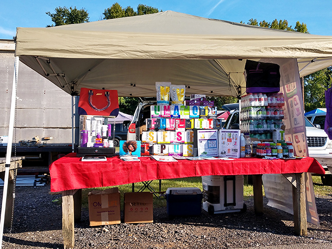 A rainbow of household essentials awaits under this vendor's tent &ndash; proof that practical treasures hide in every corner of Smiley's.