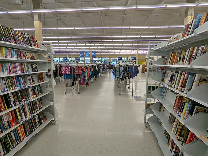 Between towering bookshelves and clothing racks, Value Village creates literary canyons where bargain hunters navigate their way to unexpected treasures.