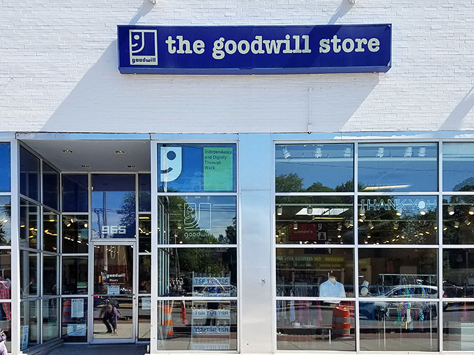 The iconic blue sign beckons bargain hunters and treasure seekers alike. This portal to possibility promises adventures that no Amazon shopping cart could ever deliver.