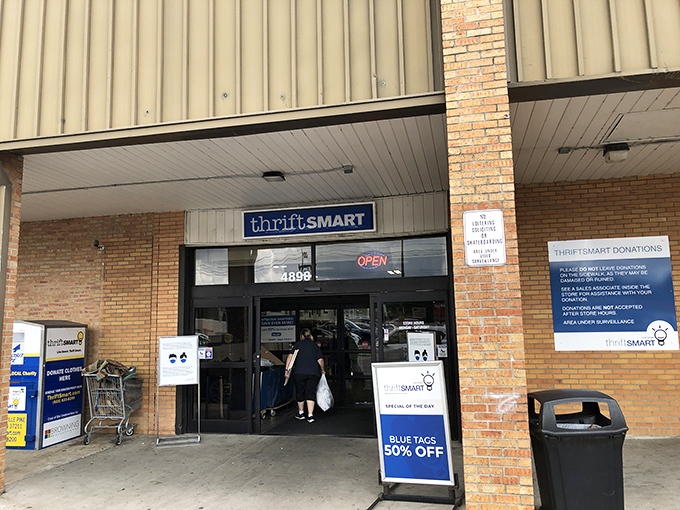 The unassuming entrance to ThriftSmart belies the treasure trove within. Blue tag specials beckon bargain hunters like a siren song.