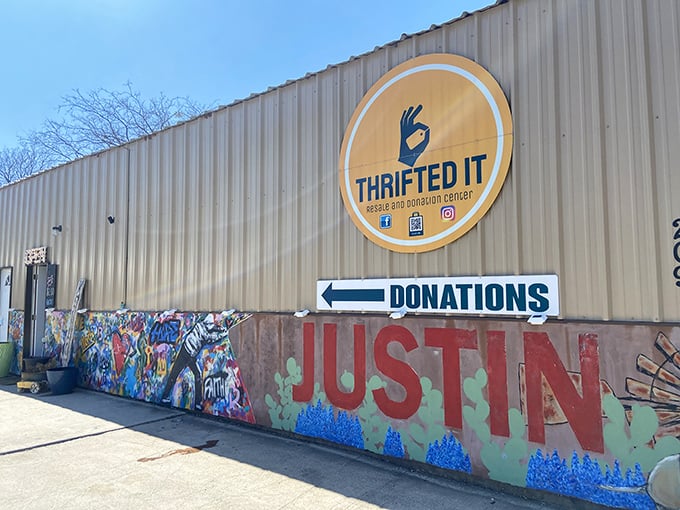 The corrugated metal exterior with its vibrant "JUSTIN" mural might not scream "retail therapy destination," but that's exactly what makes it perfect.