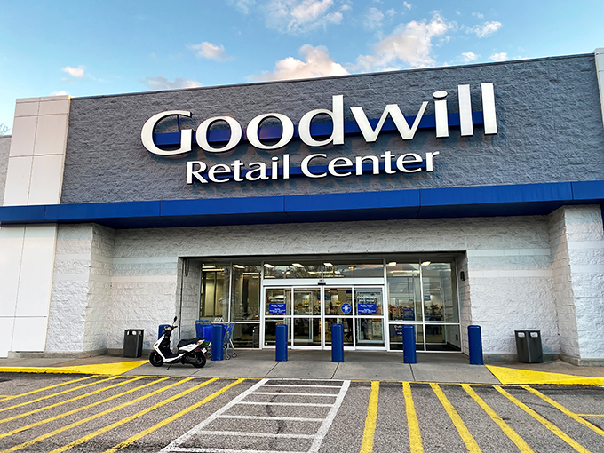 The blue-trimmed facade of Hampton's Goodwill beckons like a retail oasis in the desert of overpriced shopping. Treasure hunting starts here!