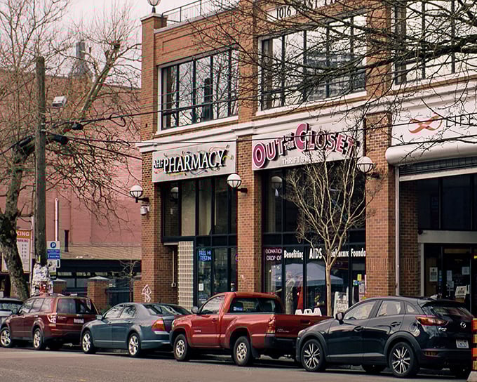 The iconic brick fa&ccedil;ade of Out of the Closet in Seattle's Capitol Hill neighborhood, where shopping and healthcare meet in perfect harmony.