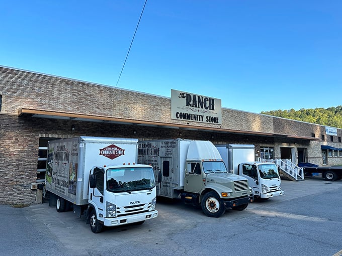 The brick facade of The Ranch Community Store stands proudly in Morgantown, with delivery trucks ready to unload tomorrow's treasures for today's bargain hunters.