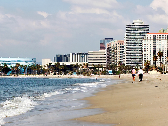 Long Beach&rsquo;s shoreline stretches under soft afternoon light, where palm trees, joggers, and high-rises share the ocean breeze.