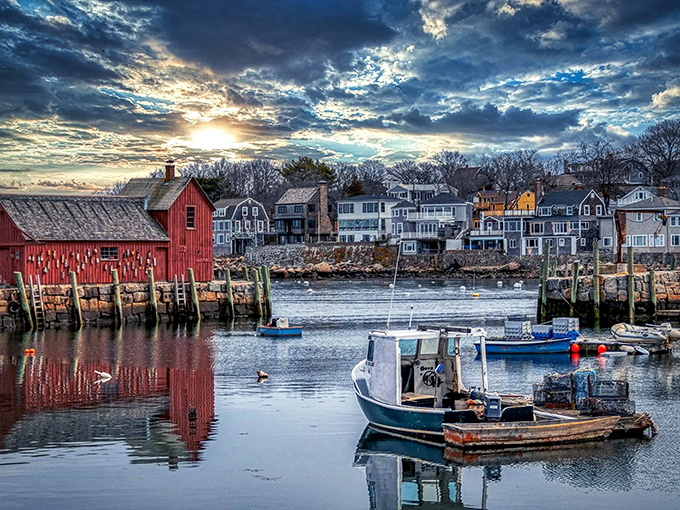 The sky puts on a show behind Motif No. 1, as if nature decided this iconic red fishing shack needed a more dramatic backdrop.