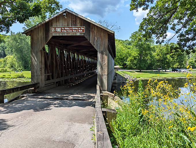 Summer wildflowers frame this 150-year-old wooden time machine, where Michigan history meets Instagram-worthy views across the peaceful Flat River.