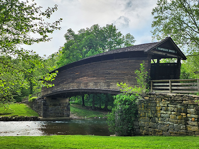 The iconic arch of Humpback Bridge rises like a wooden rainbow over Dunlap Creek, its weathered timbers telling stories of nearly two centuries of Virginia travelers.