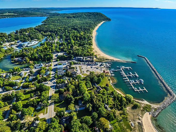 Sometimes the most breathtaking perspectives come from looking down on paradise - Leland's harbor never disappoints from any angle.
