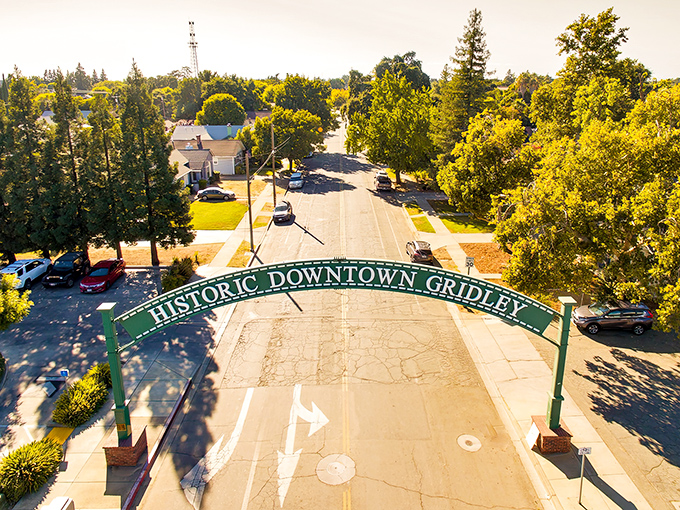 An aerial view of Gridley's welcoming gateway, where tree-lined streets and small-town charm create California living without the California price tag.
