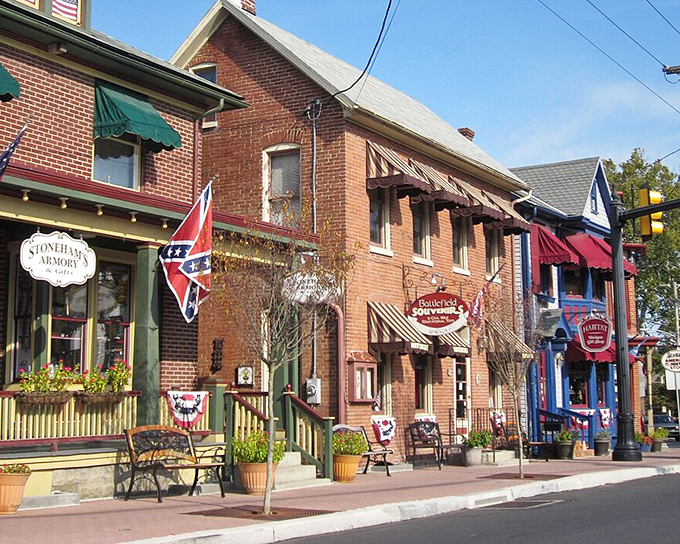 Historic storefronts line Gettysburg's charming streets, where colorful awnings and brick facades transport you to a simpler time of small-town American life.