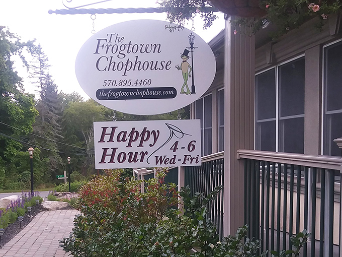 The welcoming sign at Frogtown Chophouse glows like a beacon for hungry travelers. Happy hour from 4-6 Wednesday through Friday? Now that's something to ribbit about!