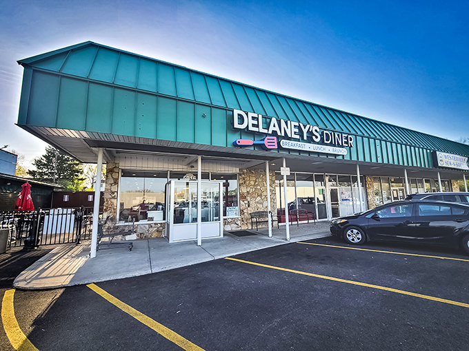 The teal roof of Delaney's Diner stands out like a breakfast beacon, promising morning salvation to hungry Westerville residents.