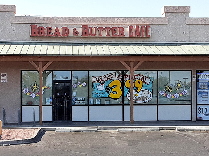 Strip mall on the outside, time machine to simpler days on the inside. The Early Bird Special beckons with its cheerful cartoon chef and promise of affordable morning bliss.