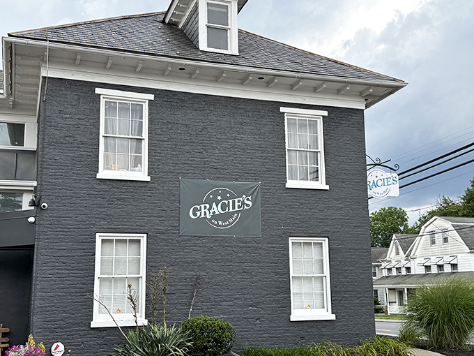 That classic Pennsylvania architecture gets a modern makeover with Gracie's distinctive gray and white color scheme &ndash; like your grandmother's house if she suddenly got very stylish.