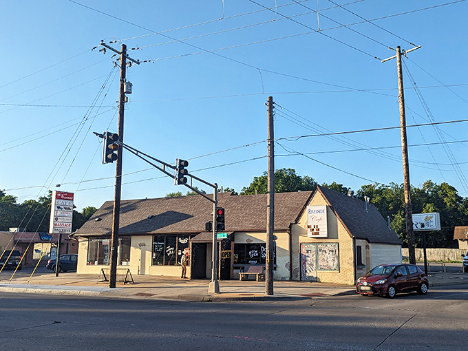 The triangular beacon of breakfast bliss stands proudly at the corner, promising comfort food that's worth the morning commute.