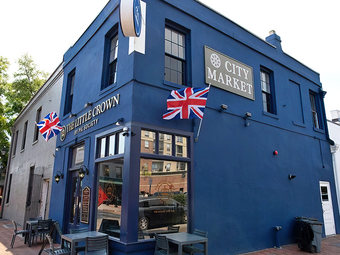 The blue facade of The Little Crown stands out like a British accent in a Southern drawl, complete with Union Jack flags announcing its delicious rebellion.