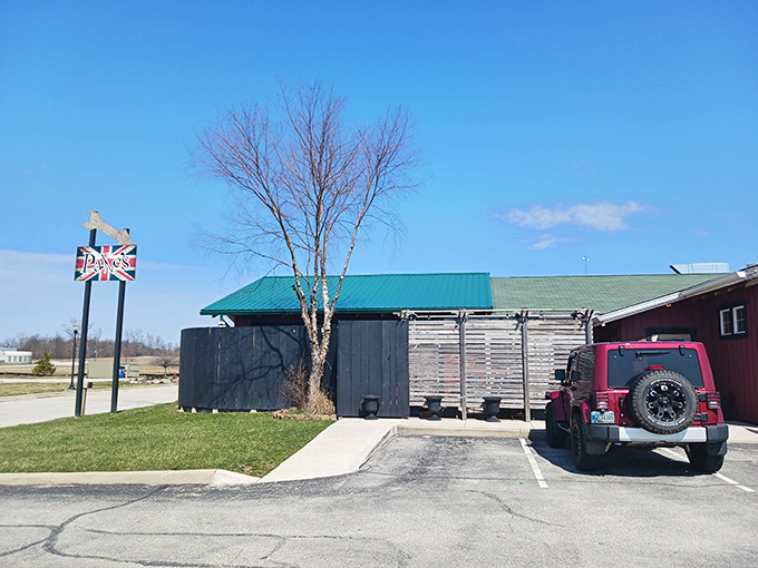 A Union Jack sign stands proudly against the Indiana sky, like a British flag planted on the culinary frontier of Gas City.