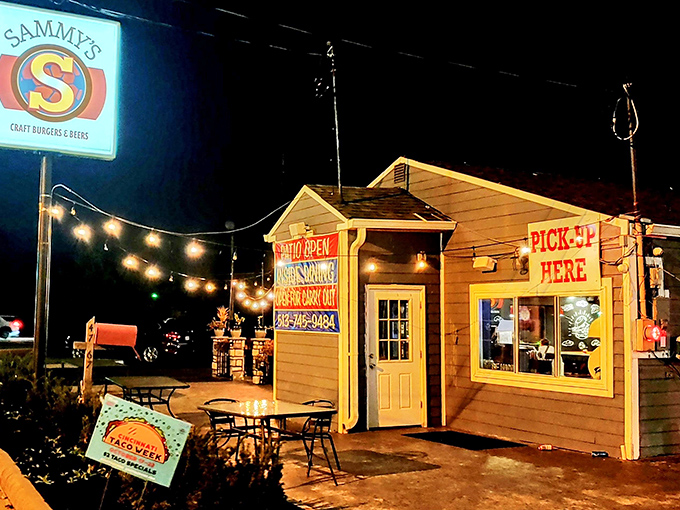 Nighttime transforms this humble blue building into a beacon of burger bliss. String lights create the perfect invitation to Cincinnati's hidden gem.