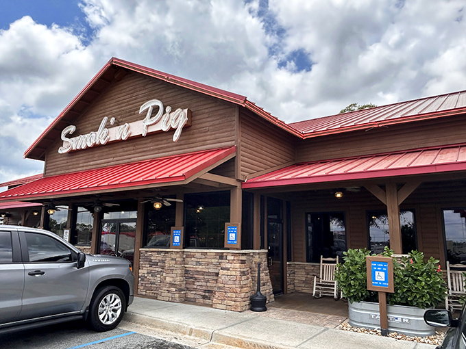 Like a BBQ beacon on the Georgia horizon, Smokin' Pig's welcoming facade promises meaty treasures within. Those rocking chairs aren't just for show.