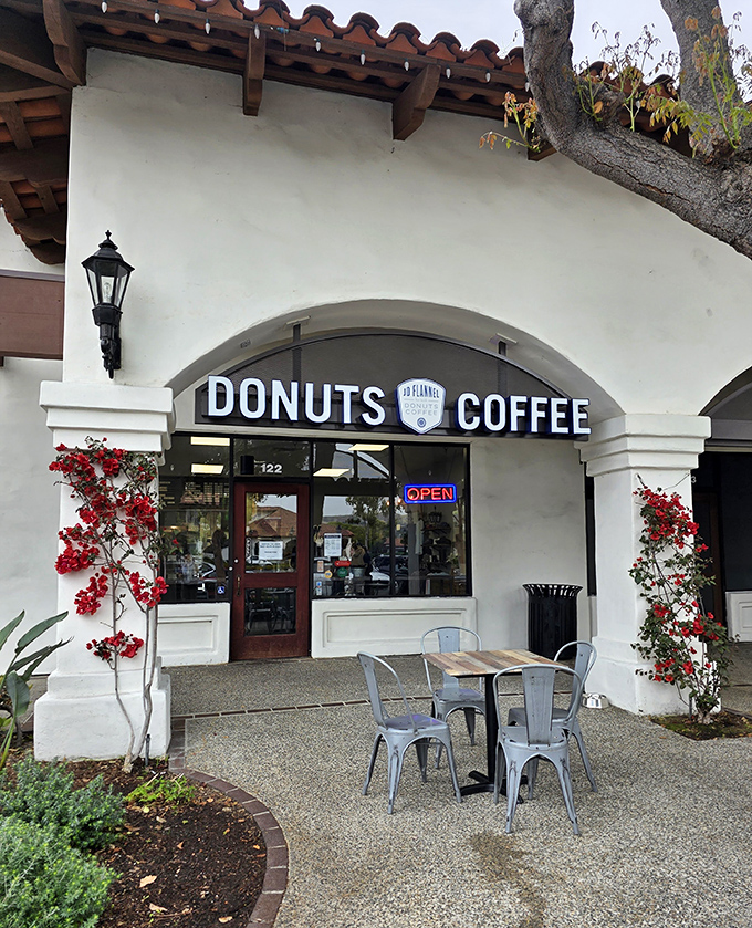 The Spanish colonial architecture of JD Flannel's storefront is like finding a donut oasis in a historic mission town. Sweet treasures await inside!