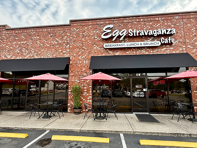Morning sunshine illuminates Eggstravaganza's welcoming facade, where those outdoor tables promise the perfect spot for savoring benedicts while people-watching on pleasant Tennessee days.