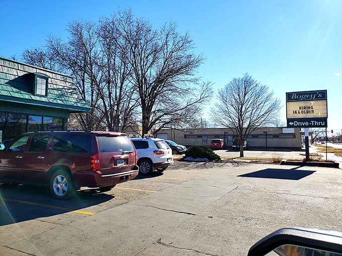 Welcome to burger paradise, where the building itself promises good things are waiting inside for hungry travelers.