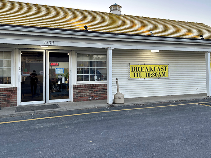 The unassuming exterior proudly displays &ldquo;Breakfast till 10:30 AM,&rdquo; a simple promise that generations of Cincinnatians have come to rely on.