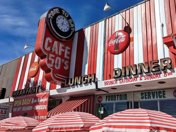 The candy-striped awnings and vintage clock sign aren't trying to be retro &ndash; they're the real deal, a time portal disguised as a diner on Santa Monica Boulevard.