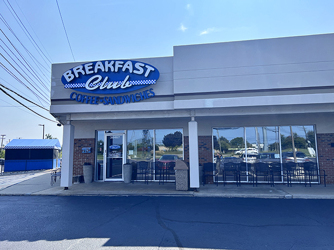 Blue and white signage announces "Coffee-Sandwiches" &ndash; perhaps the greatest understatement since someone called the Grand Canyon "a nice hole."