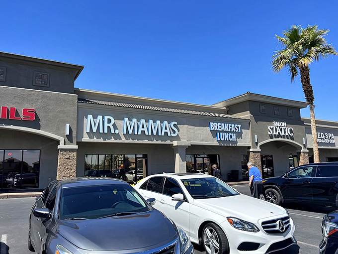 Tucked into a typical Vegas strip mall, Mr. Mamas proves that culinary treasures often hide in the most unassuming locations. Palm trees and parked Mercedes can't hide the local secret.