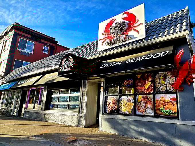 The bright red crab sign beckons like a lighthouse for seafood lovers lost in a landlocked state. Maritime salvation awaits!