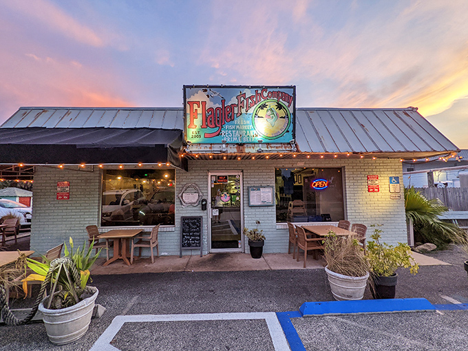 As the sun sets behind Flagler Fish Company, the twinkling lights invite you in for seafood magic in a postcard-perfect setting.