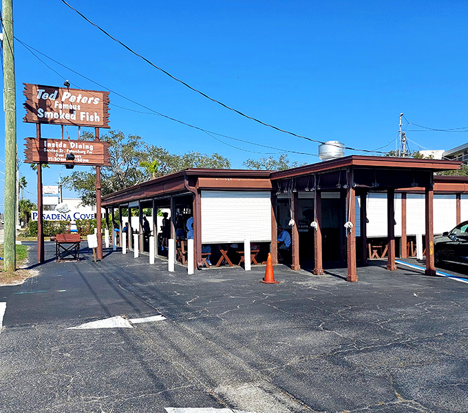 The rustic wooden exterior of Ted Peters stands as a defiant time capsule in St. Petersburg's ever-modernizing landscape. No fancy frills needed when the food speaks this loudly.