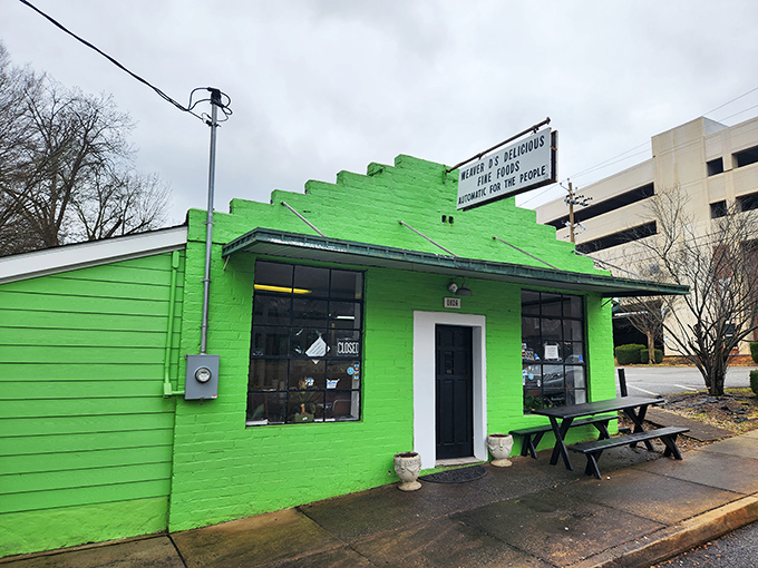 The lime-green beacon of culinary salvation stands proudly on an Athens corner, promising Southern comfort in cinderblock form.