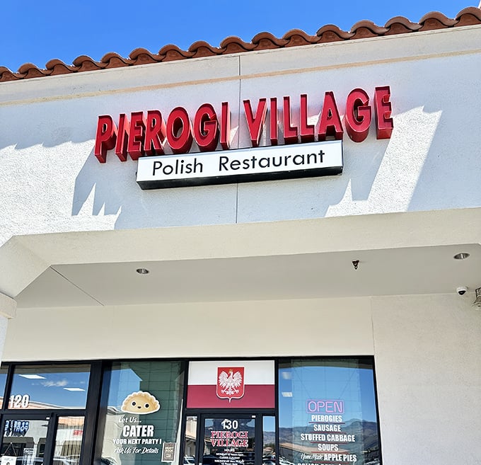 The bright red letters of Pierogi Village stand out against the desert backdrop, like a delicious mirage promising Eastern European comfort in Las Vegas.