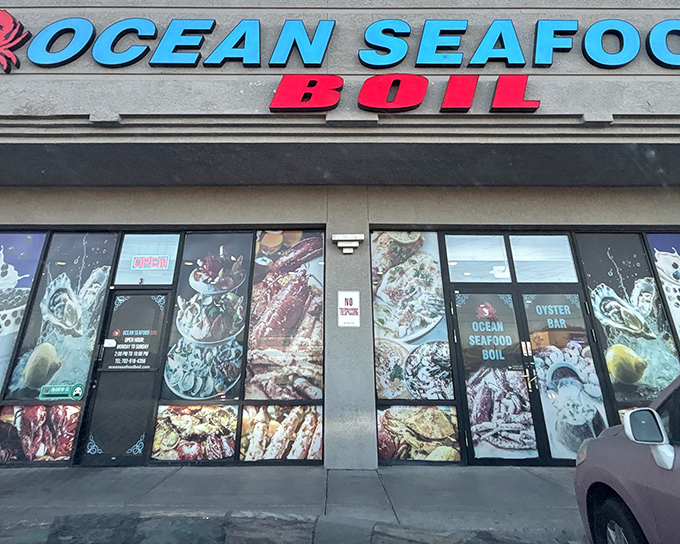 Bold blue signage announces your arrival at seafood paradise. The window displays offer a tantalizing preview of the oceanic feast awaiting inside.