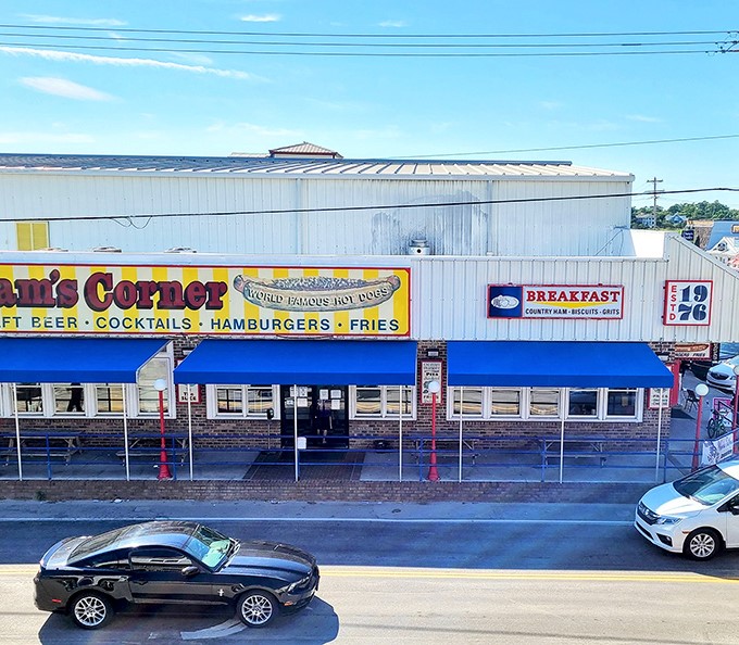 That yellow and blue facade isn't just a building&mdash;it's a portal to burger paradise where beach memories are made one patty at a time.