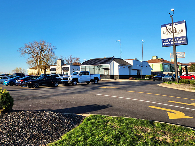 The blue sky welcomes you to Jolly Rogers, where Lake Erie's finest perch and walleye await. No fancy frills, just seafood that speaks for itself.