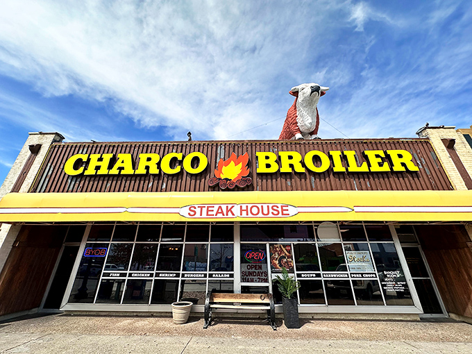 That iconic red steer perched atop the yellow signage isn't just decoration&mdash;it's a Texas-sized promise of what awaits inside.